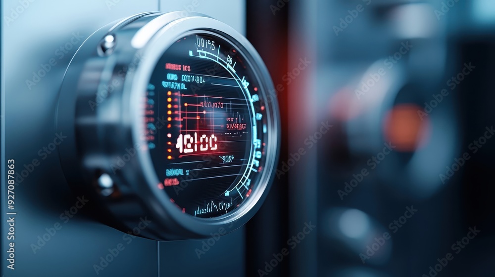 Stylized illustration of smart meter displaying energy consumption data ...