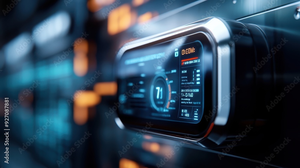 Stylized illustration of smart meter displaying energy consumption data ...