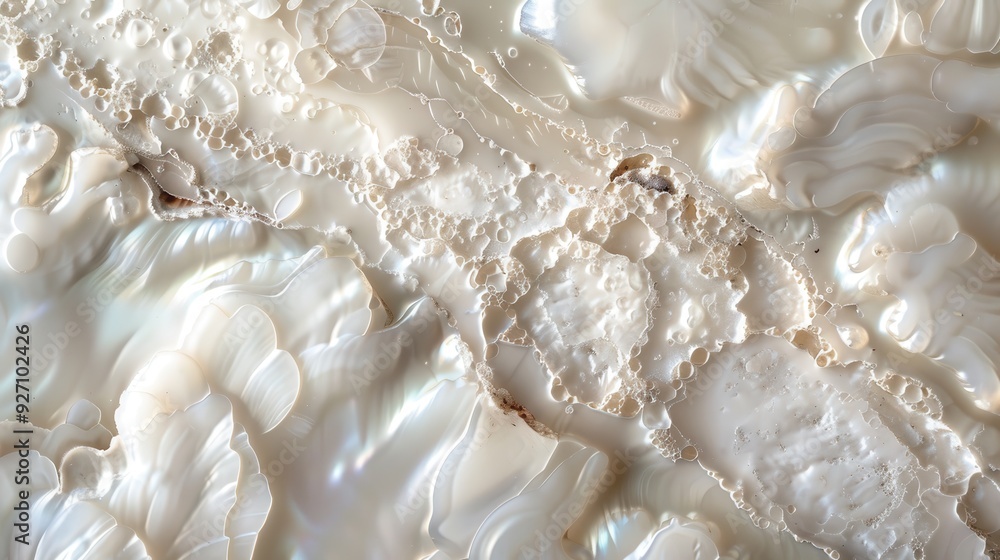 The image shows a close-up texture of a white mother of pearl shell. It ...