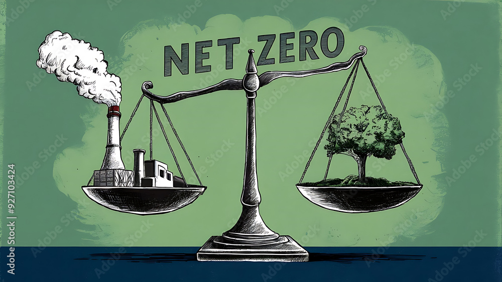 Balancing emissions and sustainability, tree, on vintage scales, words ...
