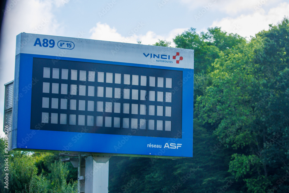 France, 1 July 2024: Vinci Autoroutes A89 electronic road sign in a ...