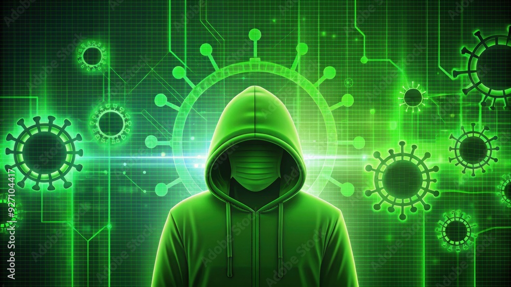 Cybersecurity breach alert Green hacked alert with a hacker using virus ...
