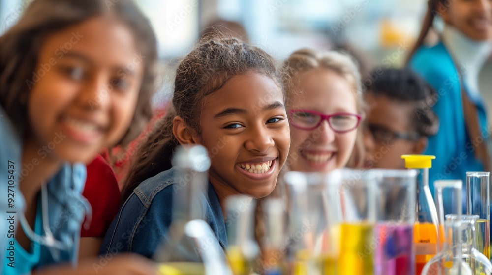 Happy smiling multicultural elementary school students are conducting a science experiment with ...