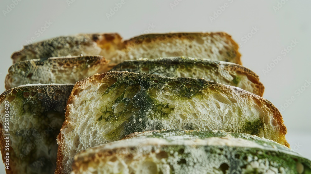 Close-up shot of mold growing on three slices of bread. The mold is ...
