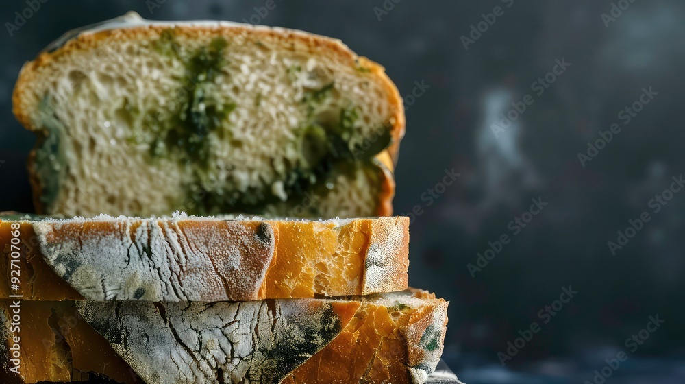 A stack of moldy bread slices. The bread is white and has a yellowish ...