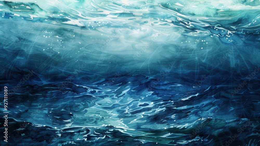 A close-up abstract watercolor painting depicting the deep blue ocean ...
