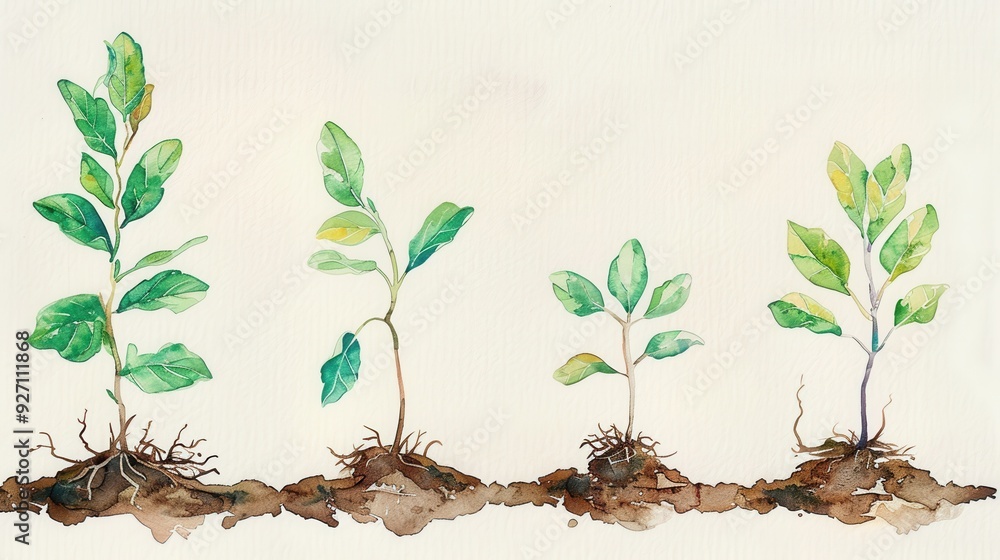 A watercolor painting depicts four saplings in various stages of growth ...