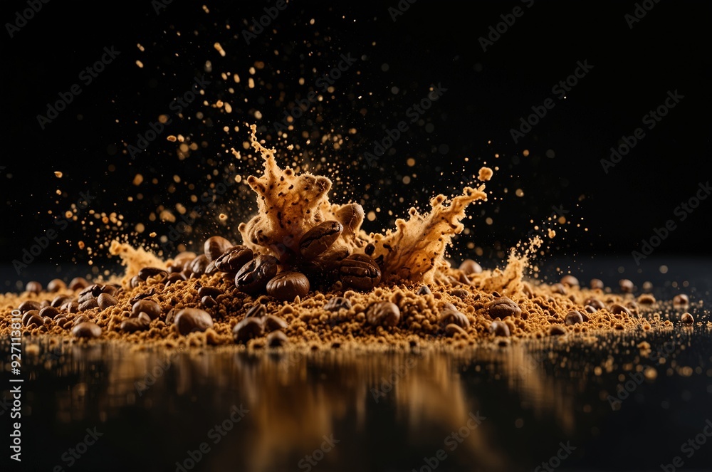 Coffee roasted bean ground fly explosion, Coffee crushed ground float ...