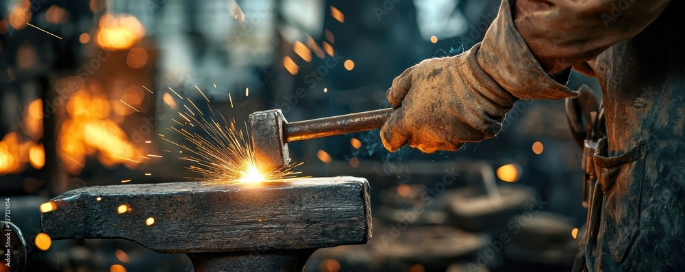 Artisan blacksmith at work hammering iron on anvil with sparks and ...