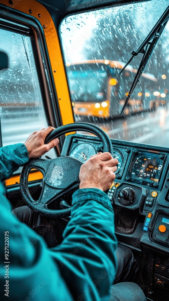 Detailed view of a bus driver's hands on the gear shift and steering ...