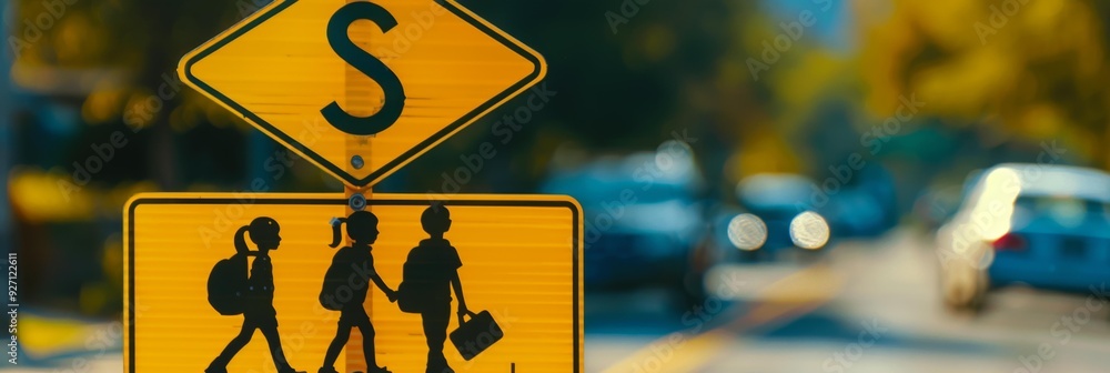 A yellow school crossing sign shows a silhouette of three children ...