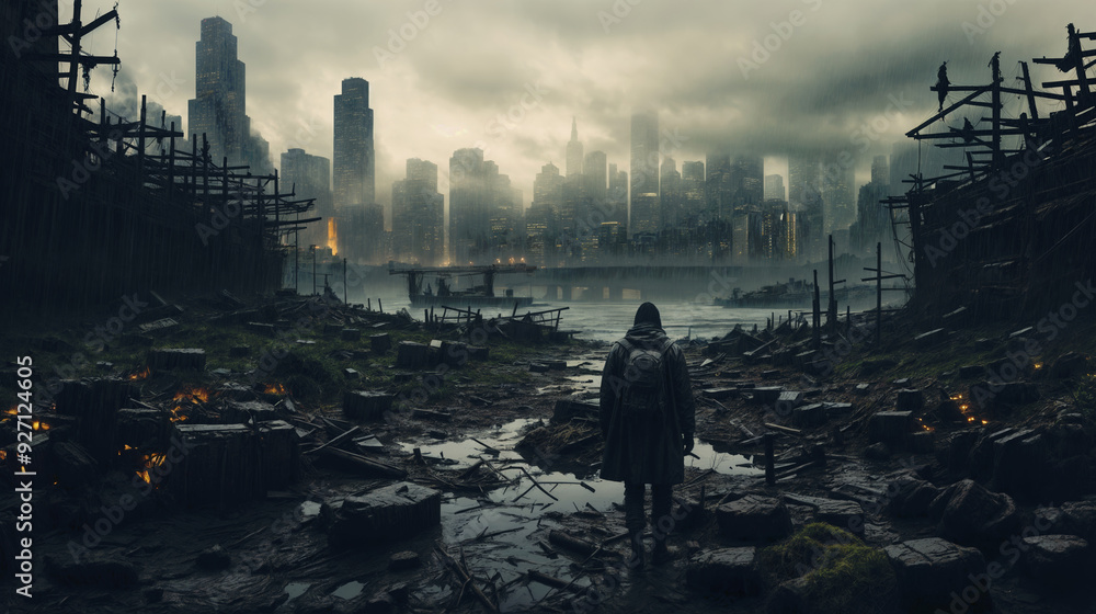 Lone survivor gazes at dystopian cityscape, standing amidst post ...