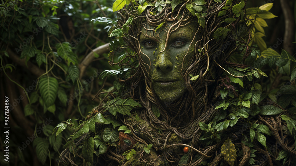 Mystical forest spirit emerges, face camouflaged with green foliage and ...