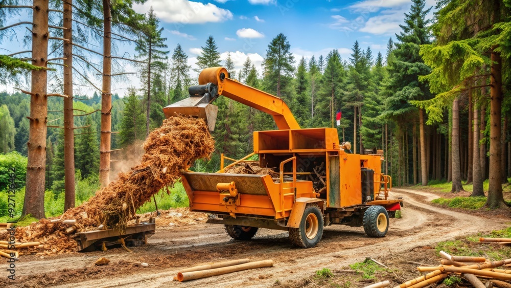 Wood Chipper Machine Processing Tree Branches In A Forested Area
