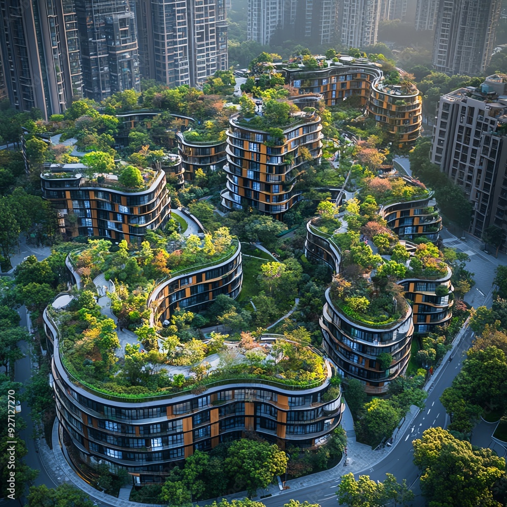 Aerial view of a city blending with nature, green rooftops and parks ...