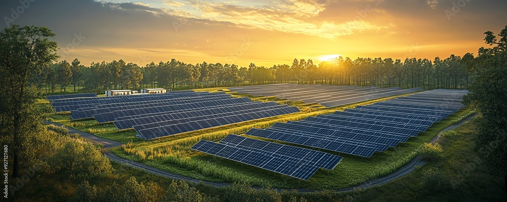 Conceptual rendering of a solar farm, with precise layout of panels ...