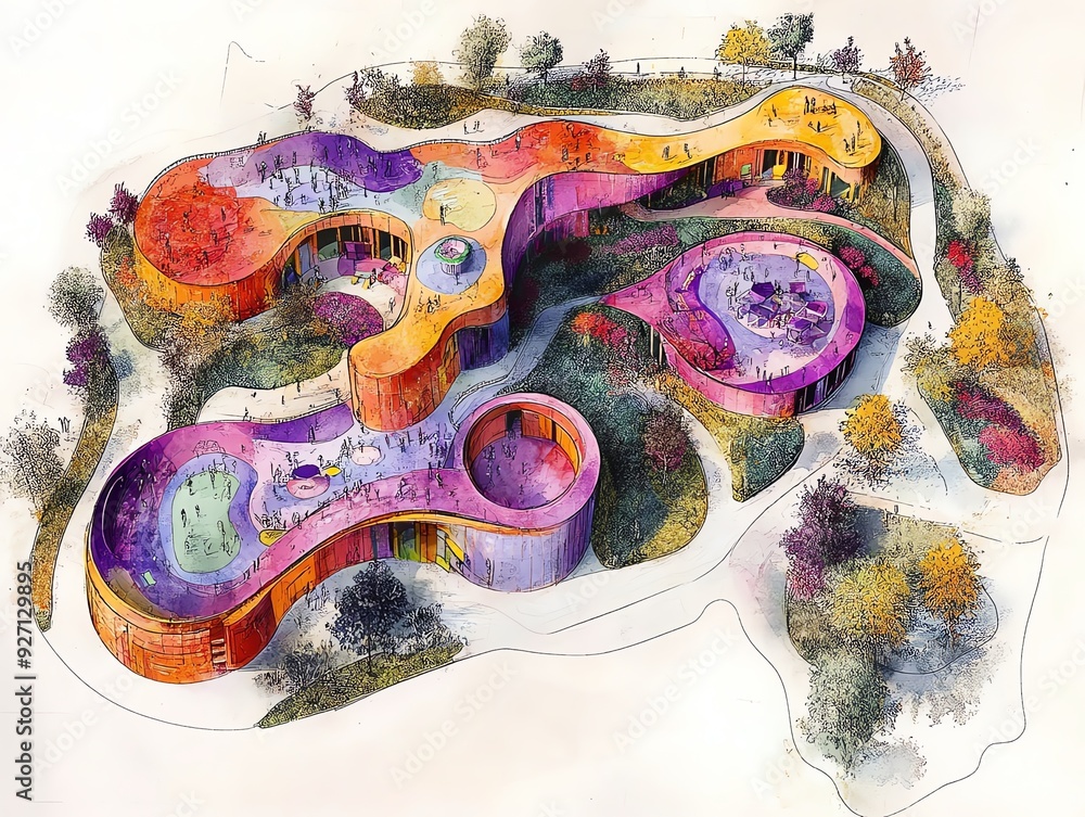 Conceptual plan of a festival site, with creative stages, artistic ...