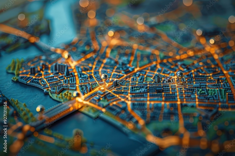 A detailed city map with pinpoint icons marking key locations ...