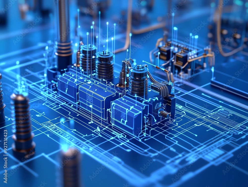 Blueprint of a smart grid substation, showing the patterned assembly of ...
