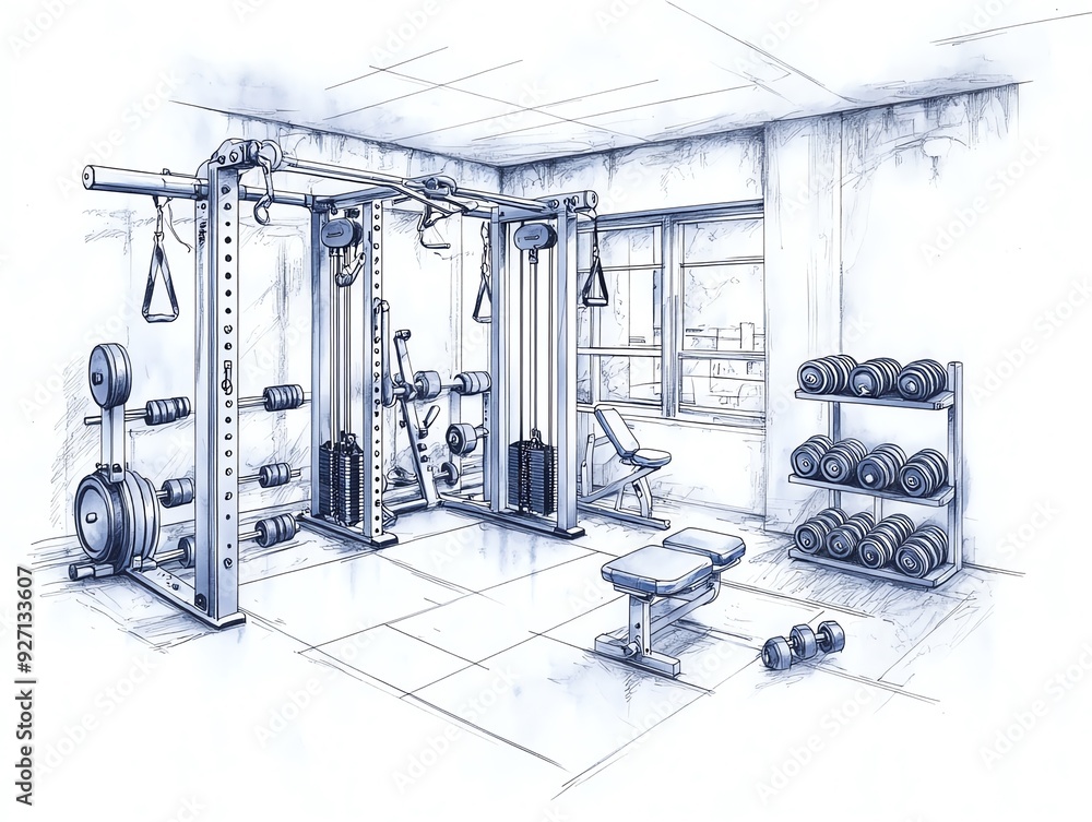 Artistic blueprint of a minimalist home gym, with functional equipment ...