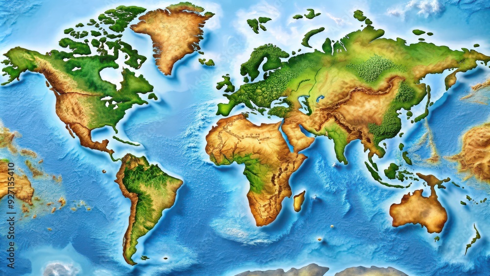 Highly detailed world map with exaggerated topographic relief and ...