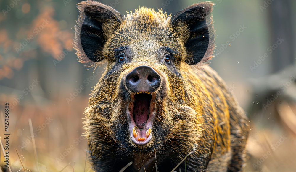A pig is standing in a field with its mouth open, making a loud noise ...