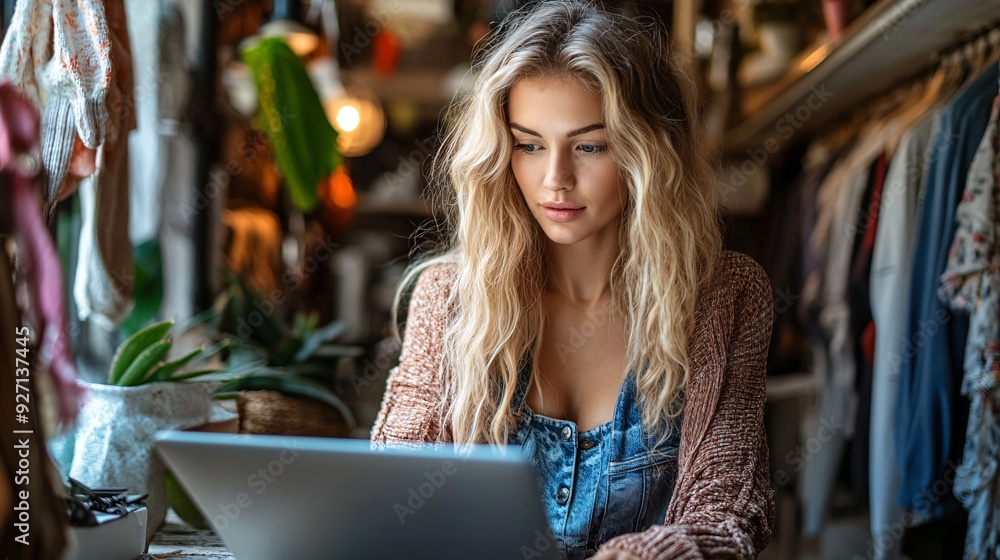 A woman shopping online for clothing on her laptop She takes her time ...