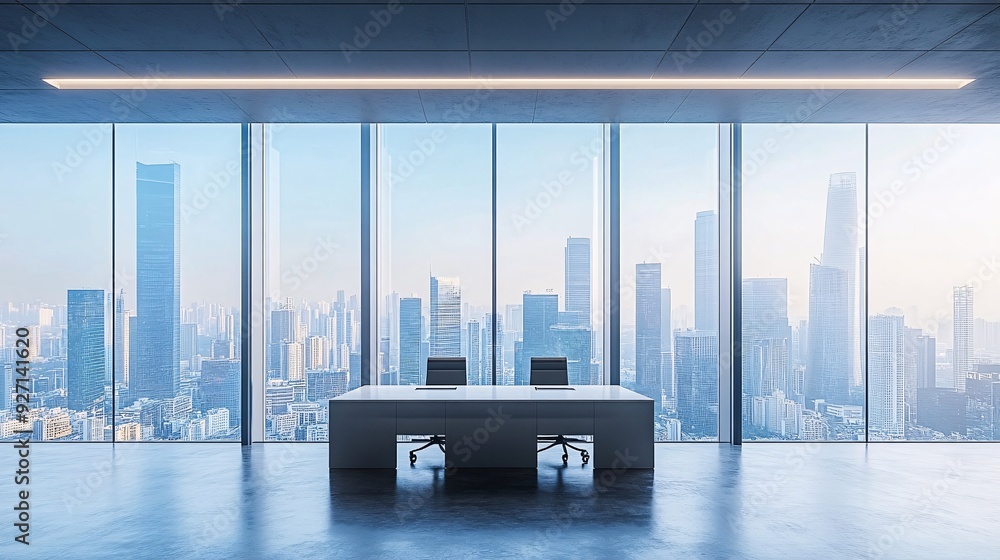 An elegant executive office high above the city with large windows ...
