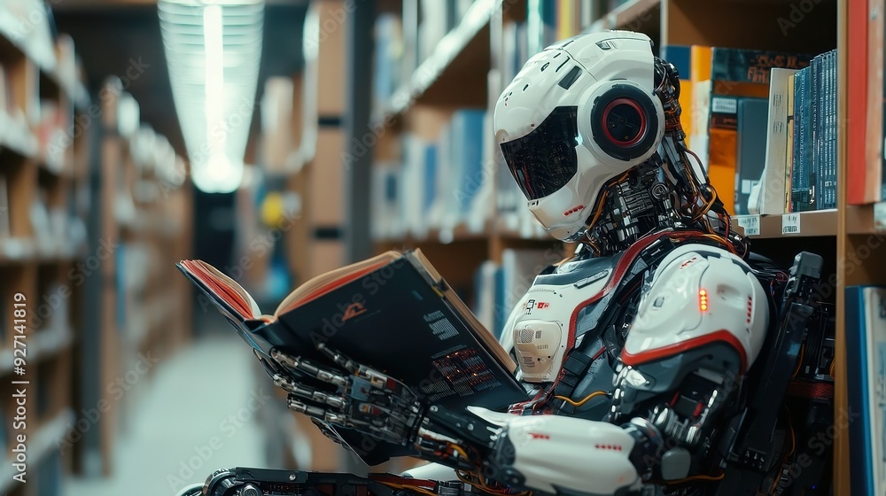 Humanoid robot immersed in books, exploring knowledge in a quiet ...