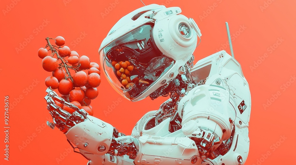 Robot farmer tending to orchards, automated harvesting of ripe fruits ...