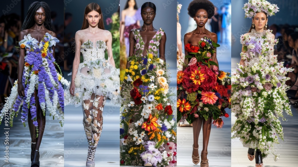 Five fashion models walk a runway, each wearing a different dress made ...