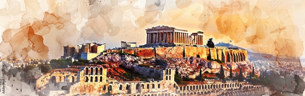 A watercolor painting depicts the Acropolis of Athens at sunset. The iconic Parthenon sits atop ...