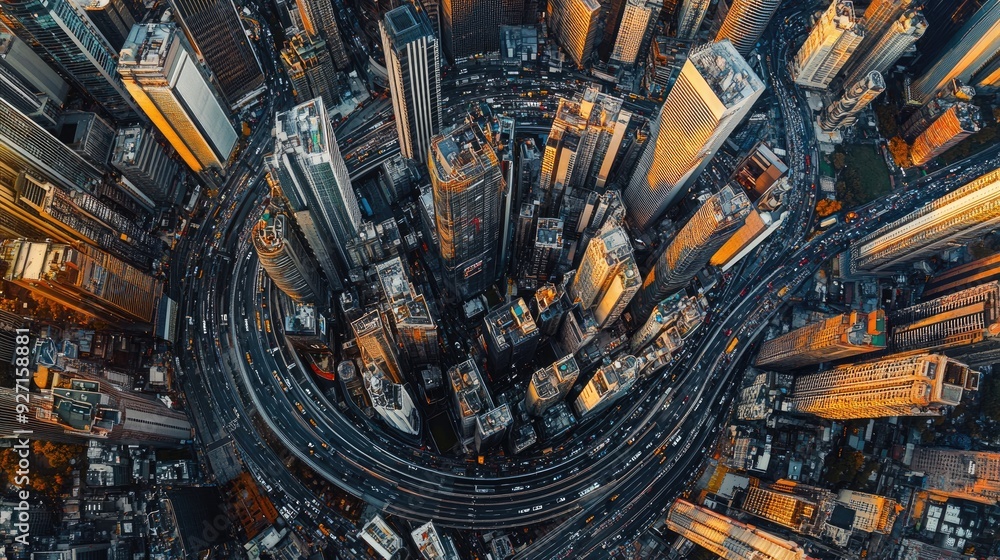 Bird's eye view of a bustling urban landscape with iconic skyscrapers ...
