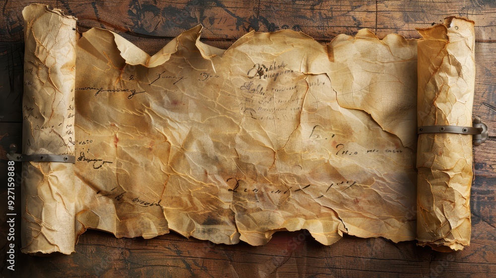 A weathered parchment map is unfurled on a rough wooden surface ...