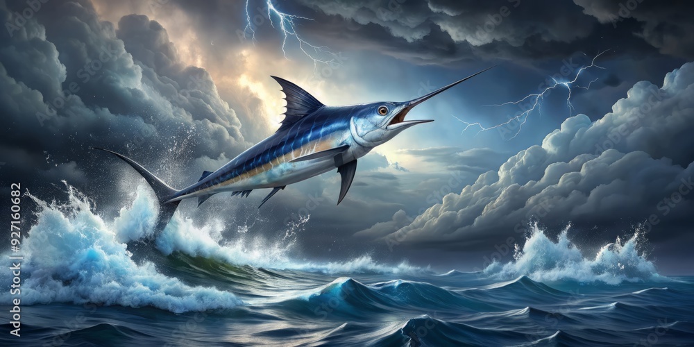 dramatic marlin breach in stunning vector stormy seascape with ominous ...