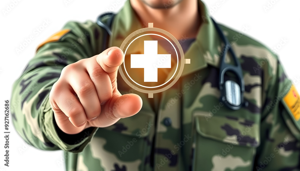 Soldier offers people with check mark and clicks a medical cross icon ...