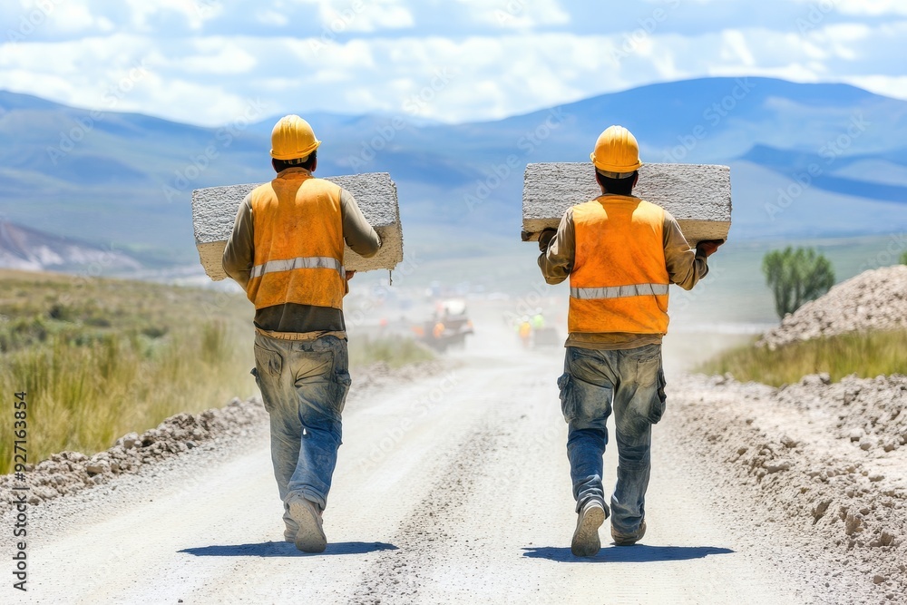construction workers carrying materials on a dusty road, with copy ...
