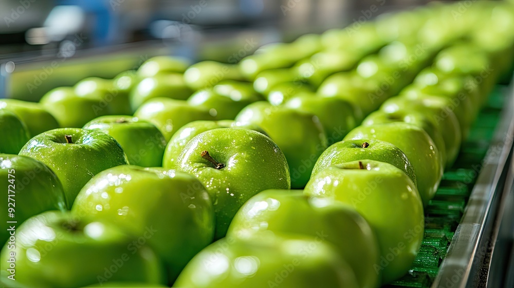 A conveyor belt filled with green apples. This photo depicts the ...