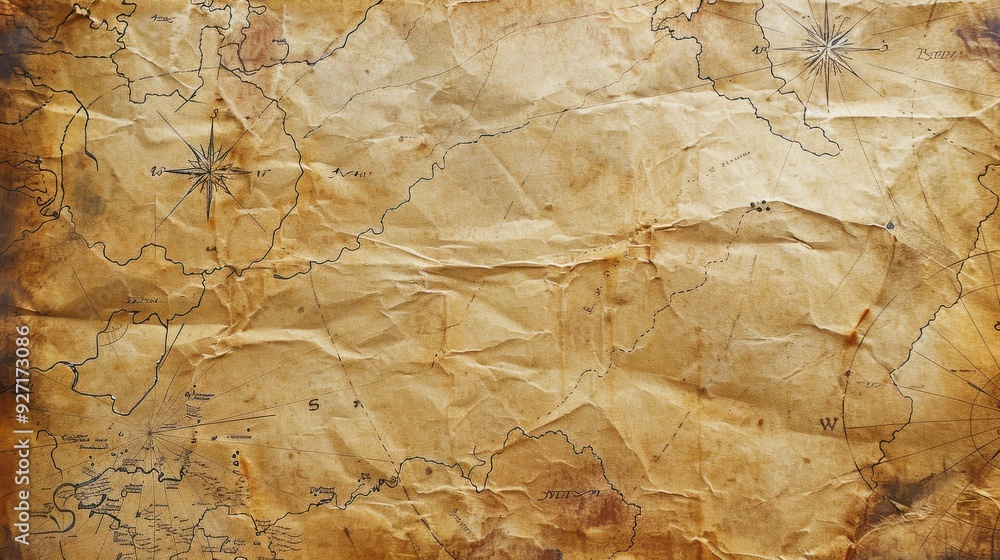 An old, yellowed paper map with a compass rose and a detailed depiction ...