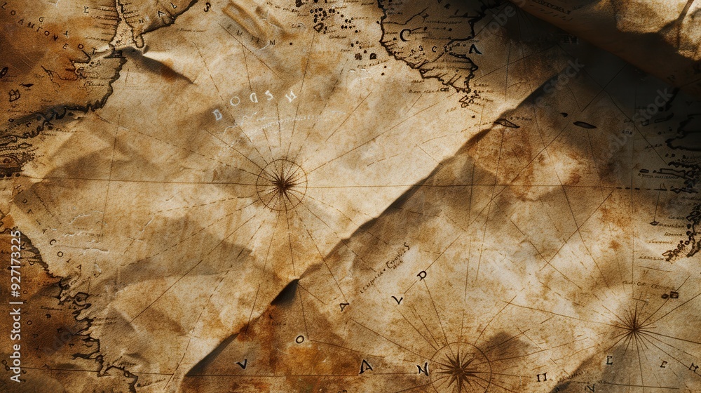 An aged and wrinkled nautical map reveals the coastline of a landmass ...