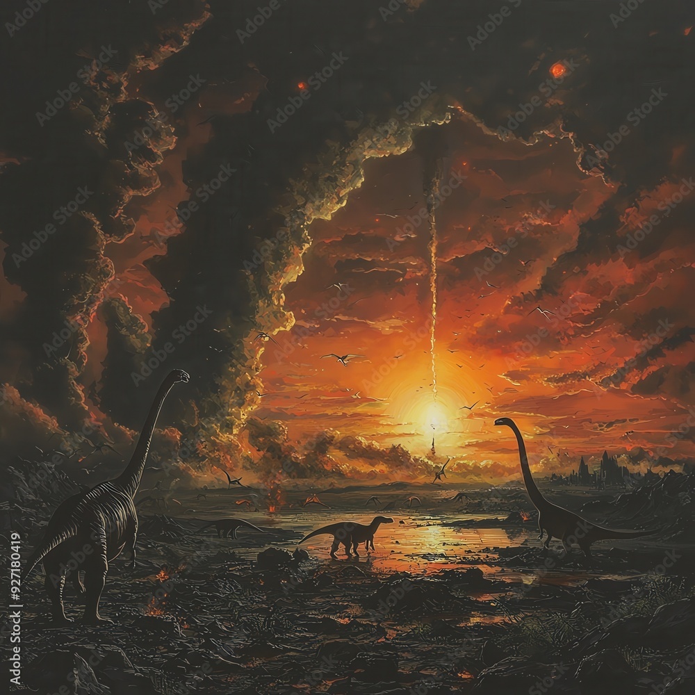 The extinction event 66 million years ago, with dying dinosaurs under a ...