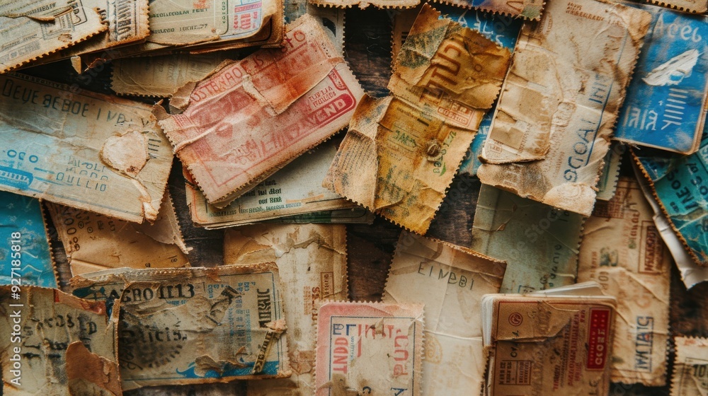 A close-up shot of a variety of old postage stamps and labels, showing ...