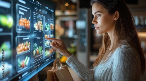 VOSTOCK Photo - Grocery shopping. A woman interacts with a touchscreen ...