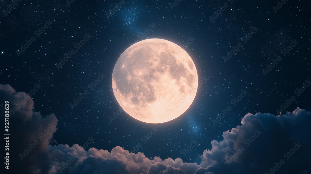 romantic, large white moon glowing brightly in a starry night sky, with ...