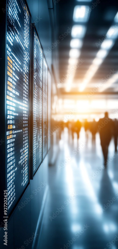 Dynamic airport scene with travelers walking towards a bright exit and ...