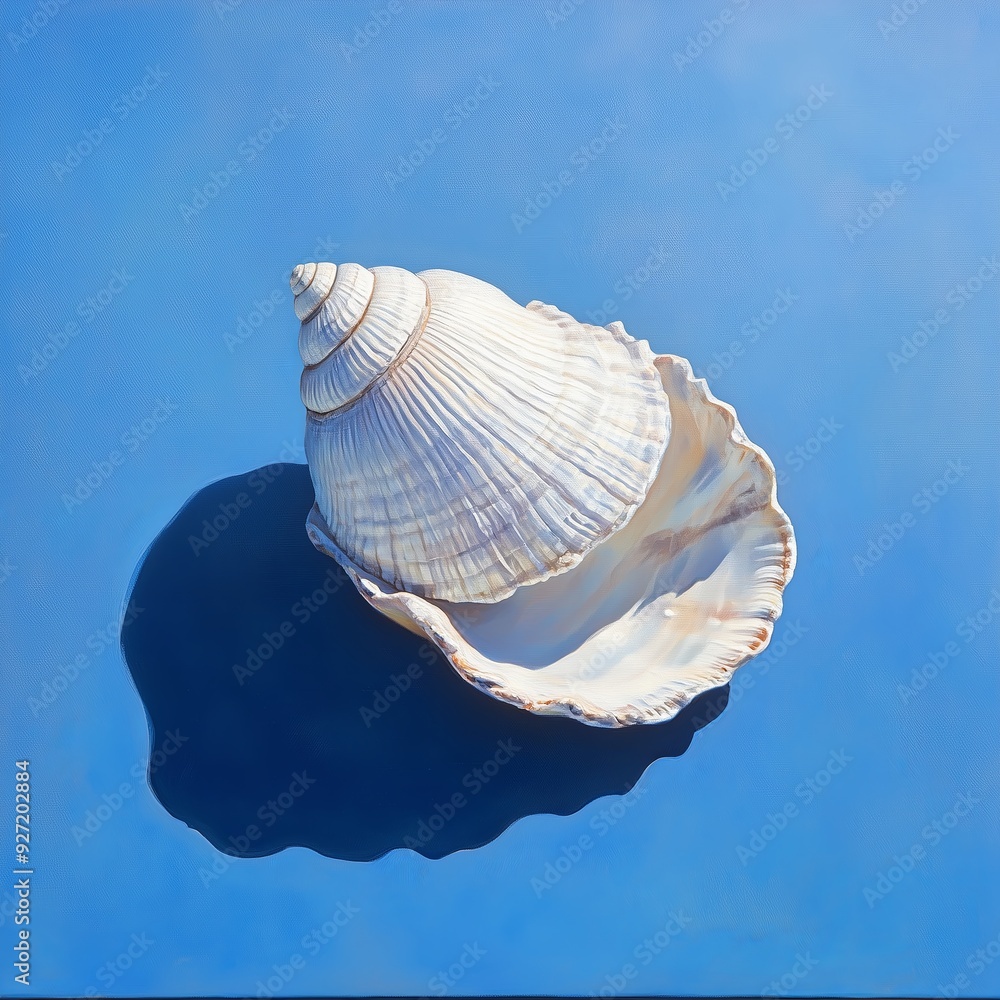 A detailed white seashell casts a shadow on a bright blue background ...