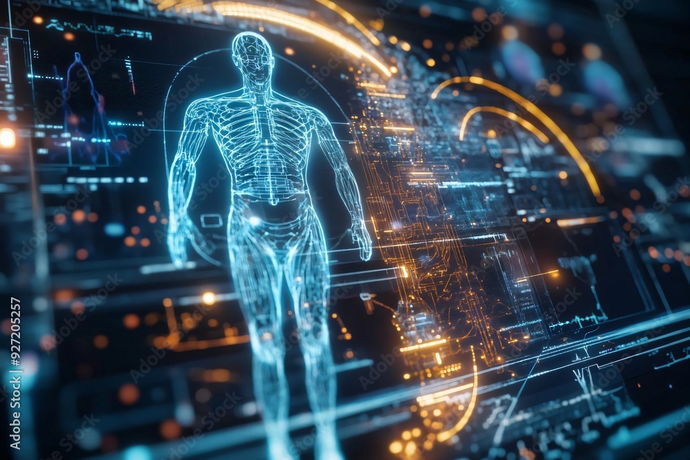 Futuristic digital human anatomy visualization with skeletal structure ...