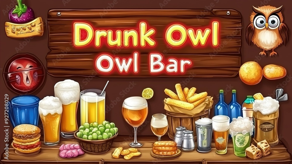 A vibrant graphic menu for the "Drunk Owl Bar" featuring a neon-lit owl ...