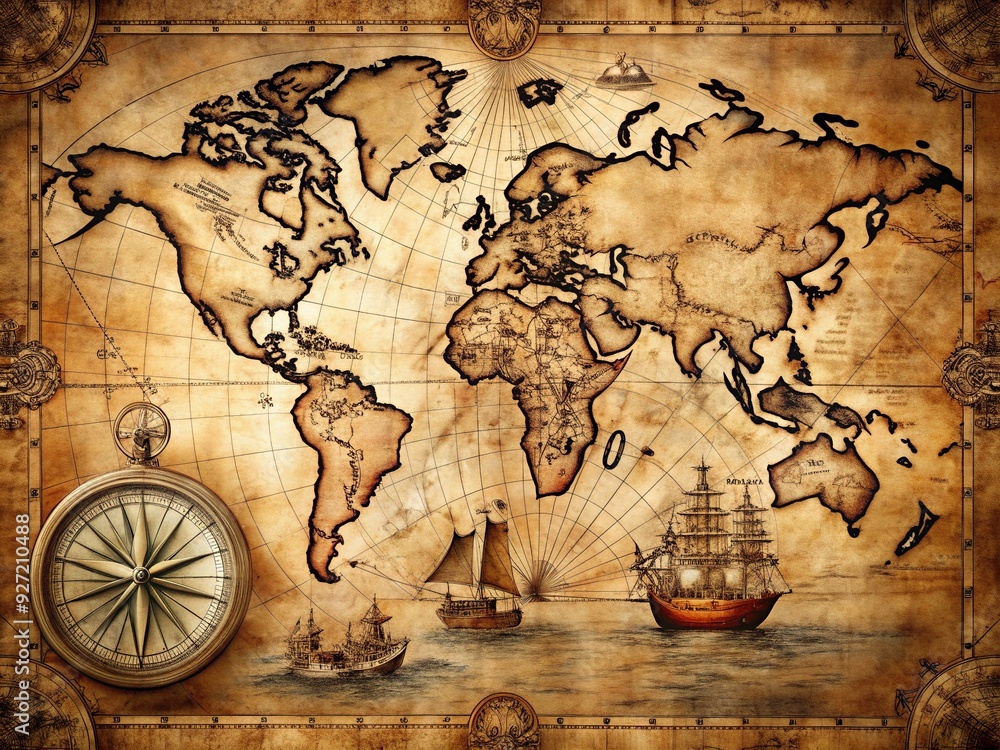 Antique Map of Nautical Wonders: Parchment texture, antique compass ...