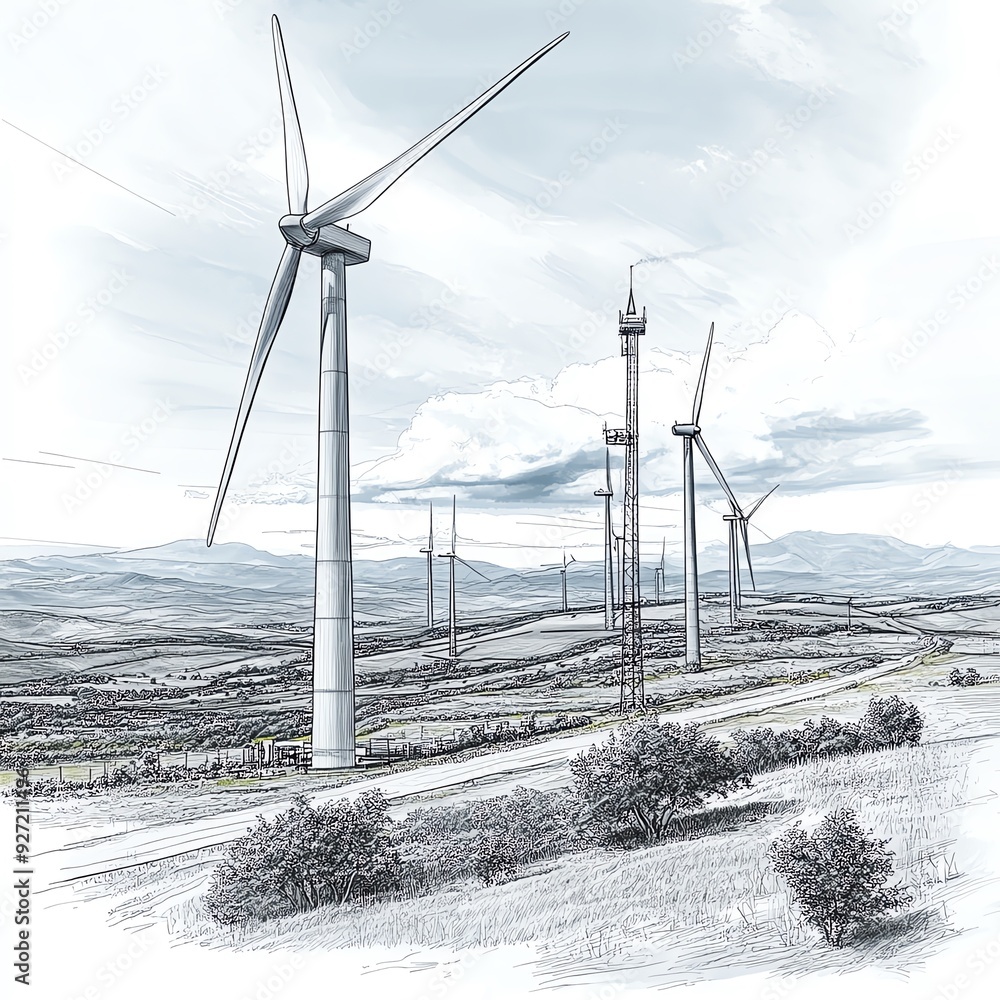 Overhead schematic of a wind farm, illustrating the layout of turbines ...